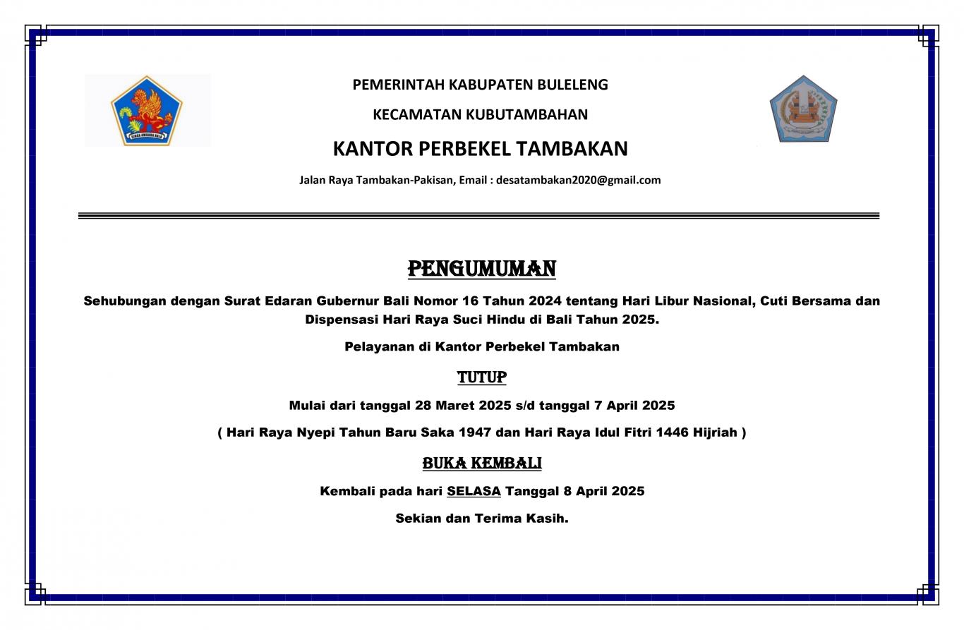 Pengumuman Libur Hari Raya - Website Desa Tambakan